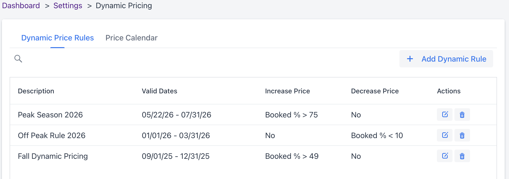 Dynamic Pricing Settings – BookingCentral